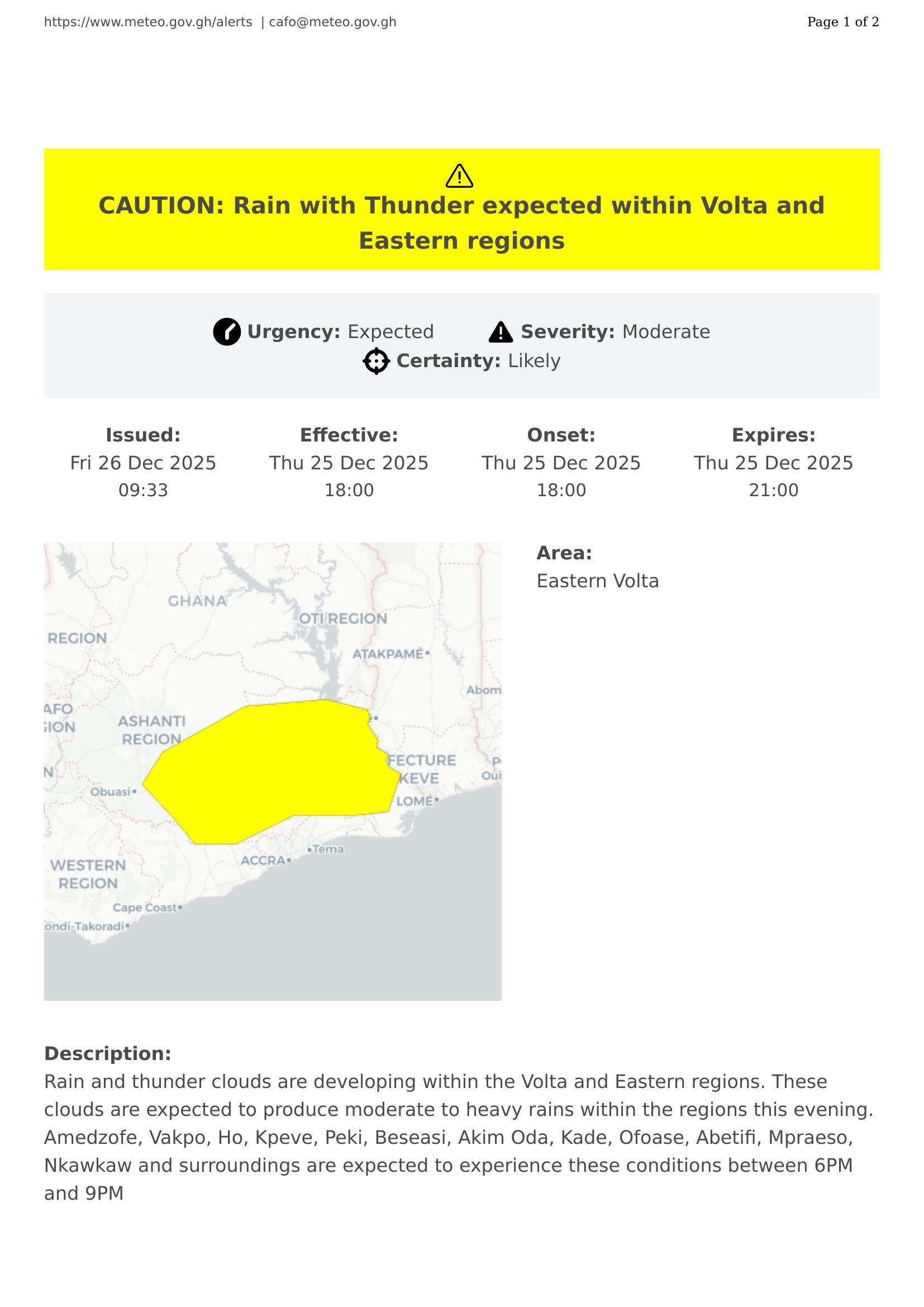 CAUTION: Rain with Thunder expected within Volta and Eastern regions