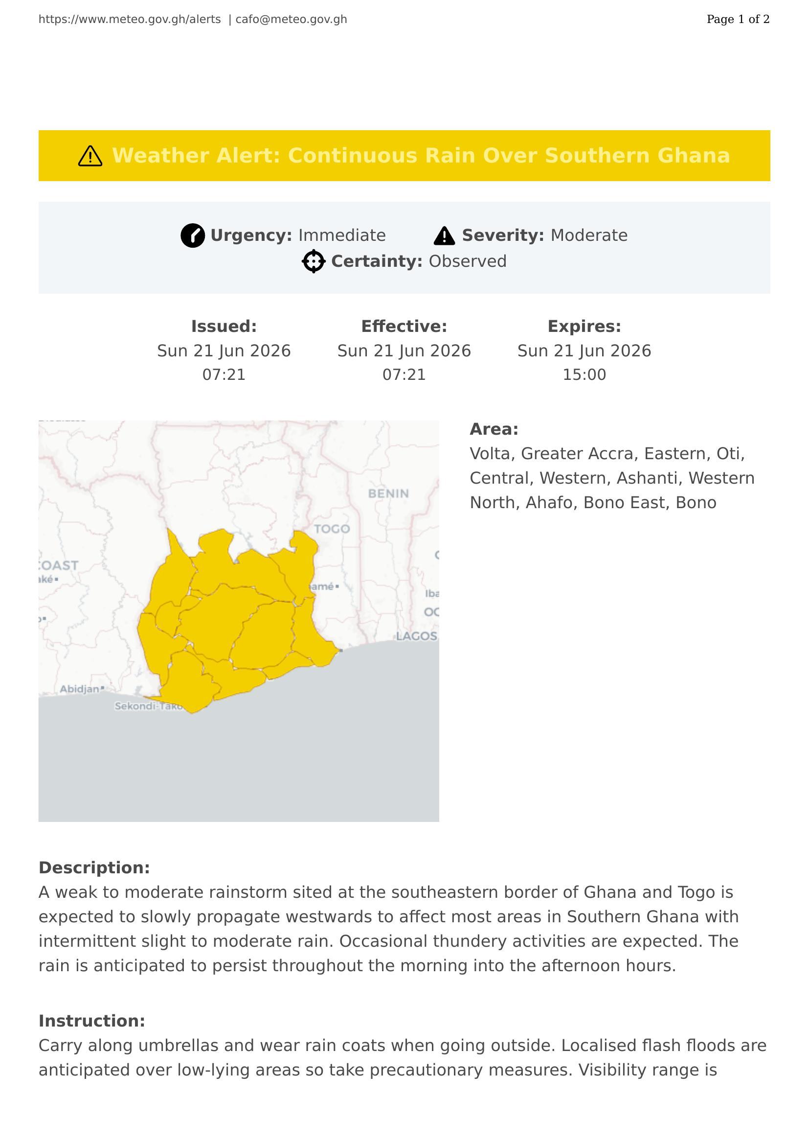 Weather Alert: Continuous Rain Over Southern Ghana