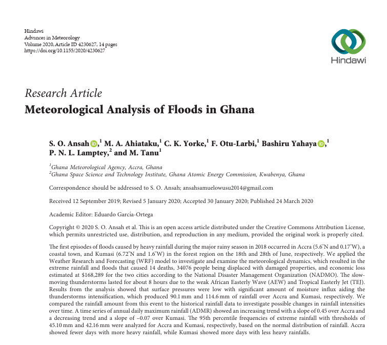 Meteorological Analysis of Floods in Ghana, Advances in Meteorology, Vol 2020.