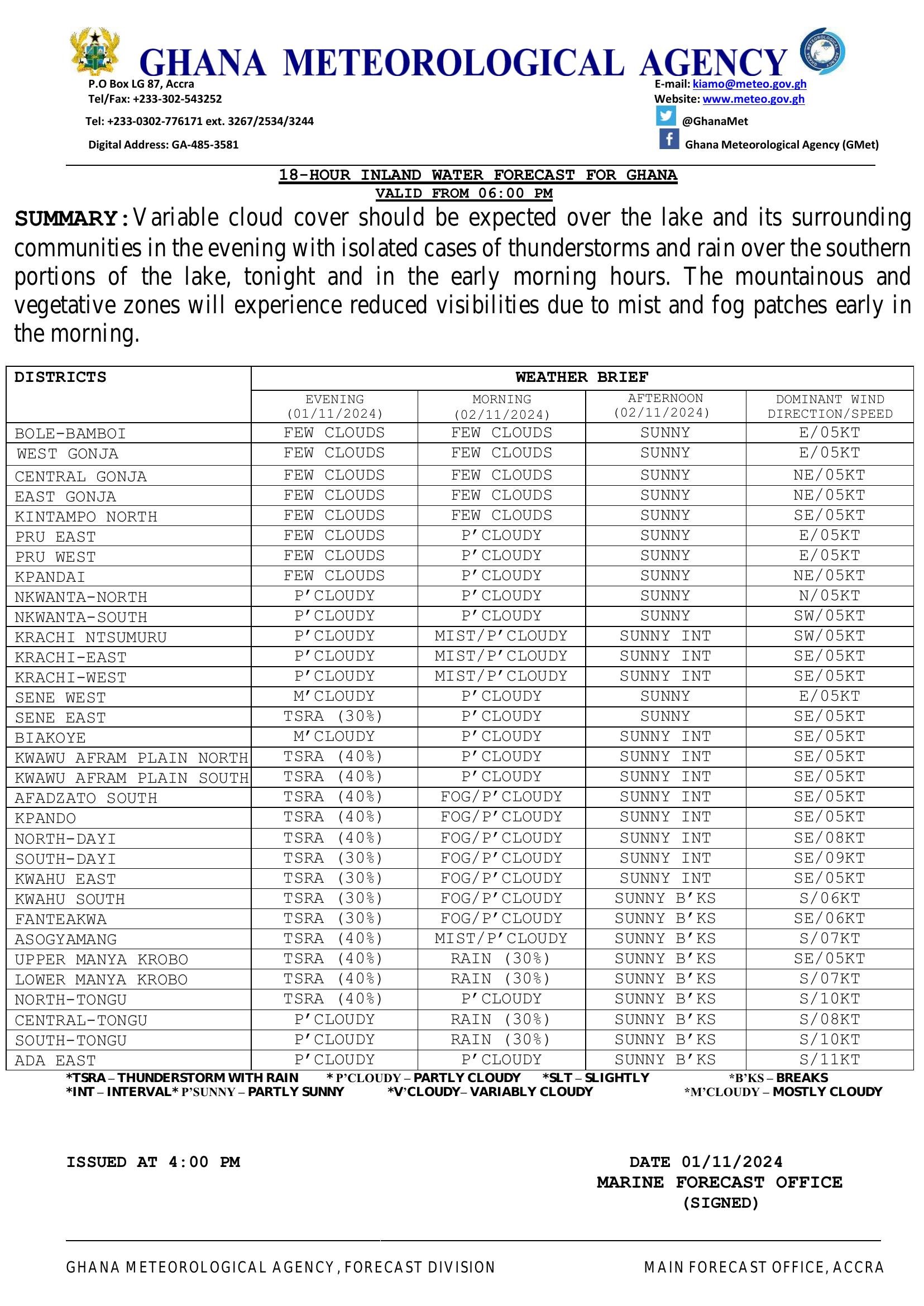 18-Hour Inland Water Evening Weather Forecast 01/11/2024