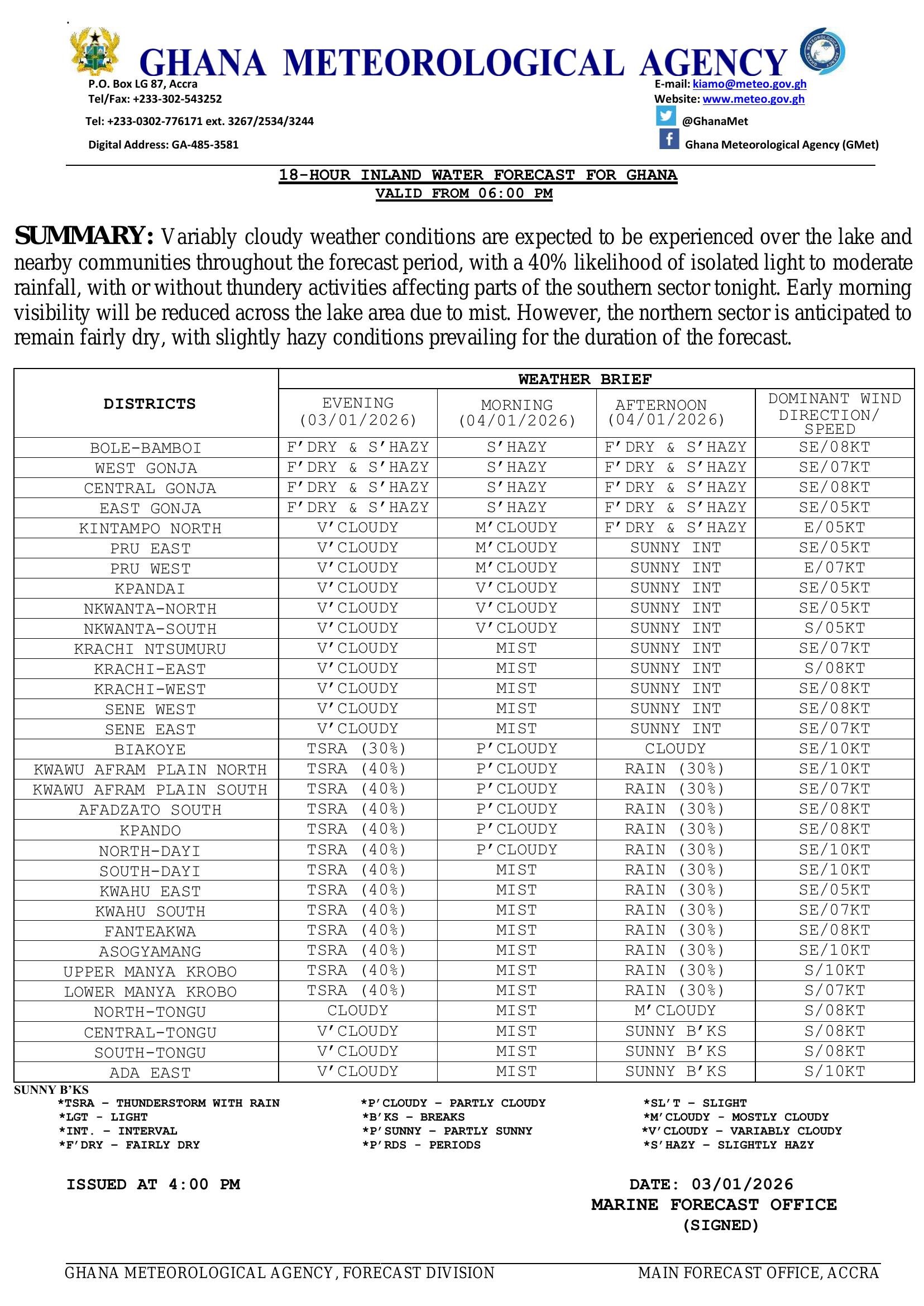 18-Hour Inland Water Evening Weather Forecast 03/01/2026