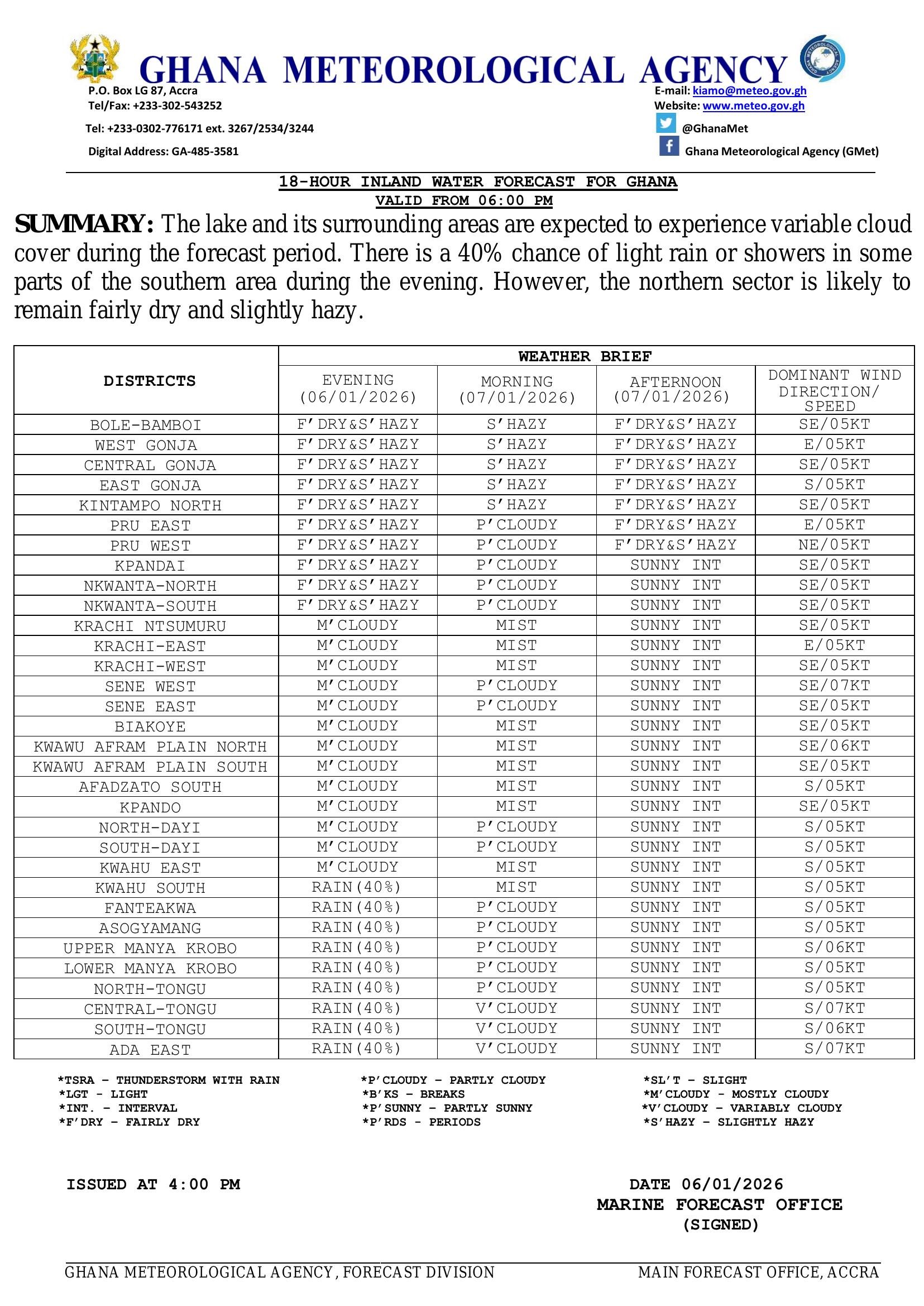 18-Hour Inland Water Evening Weather Forecast 06/01/2026