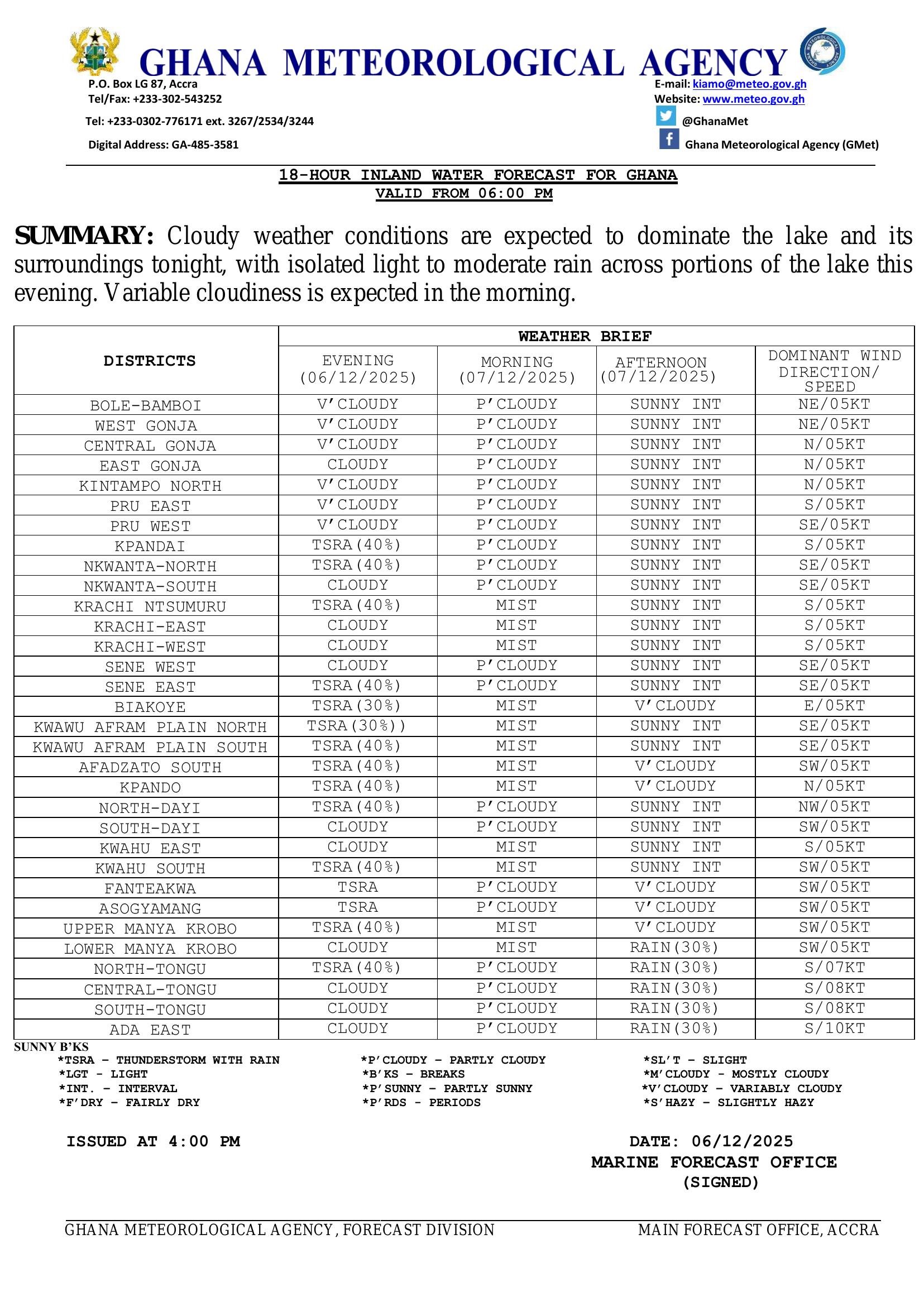 18-Hour Inland Water Evening Weather Forecast 06/12/2025