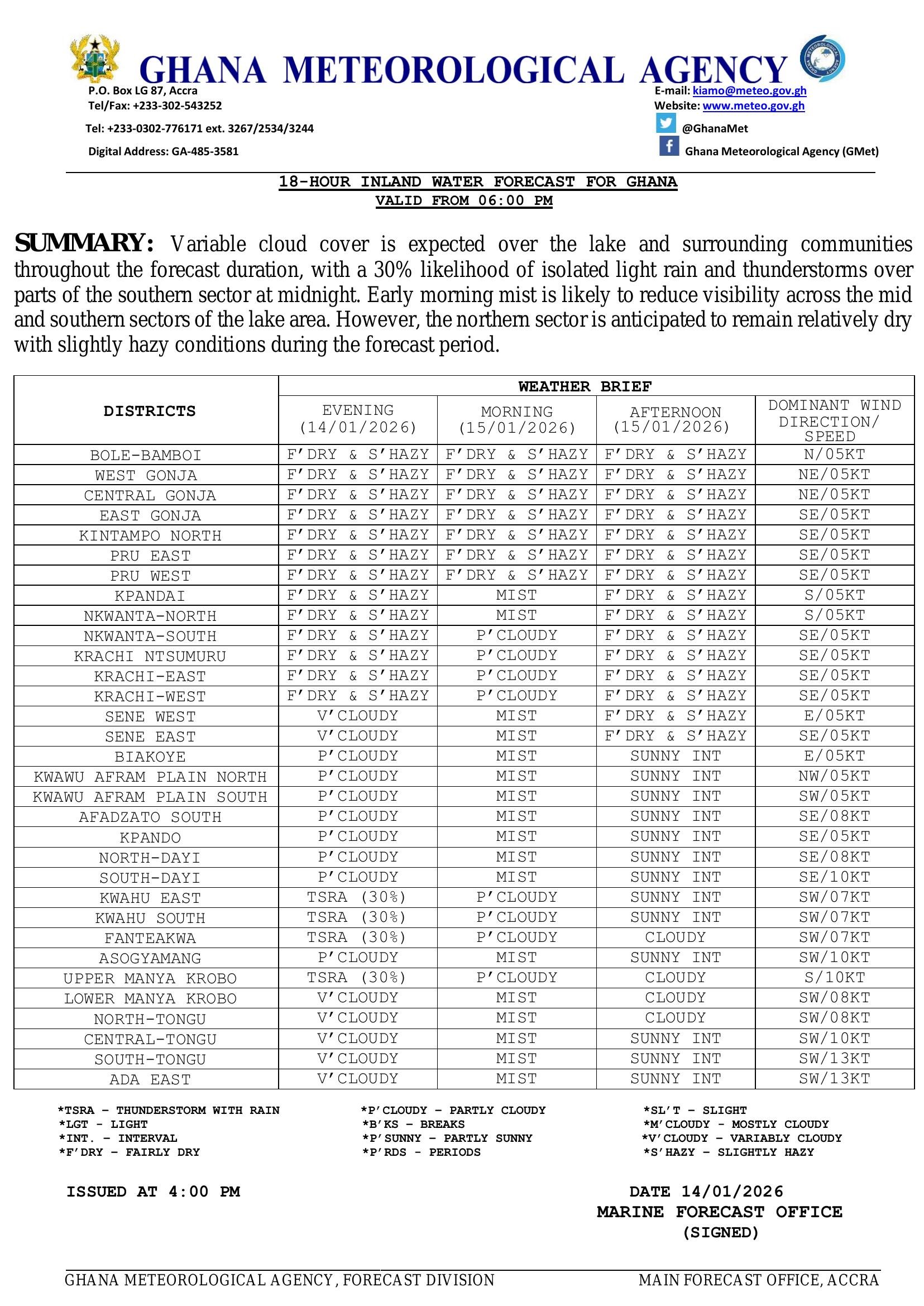 18-Hour Inland Water Evening Weather Forecast 14/01/2026