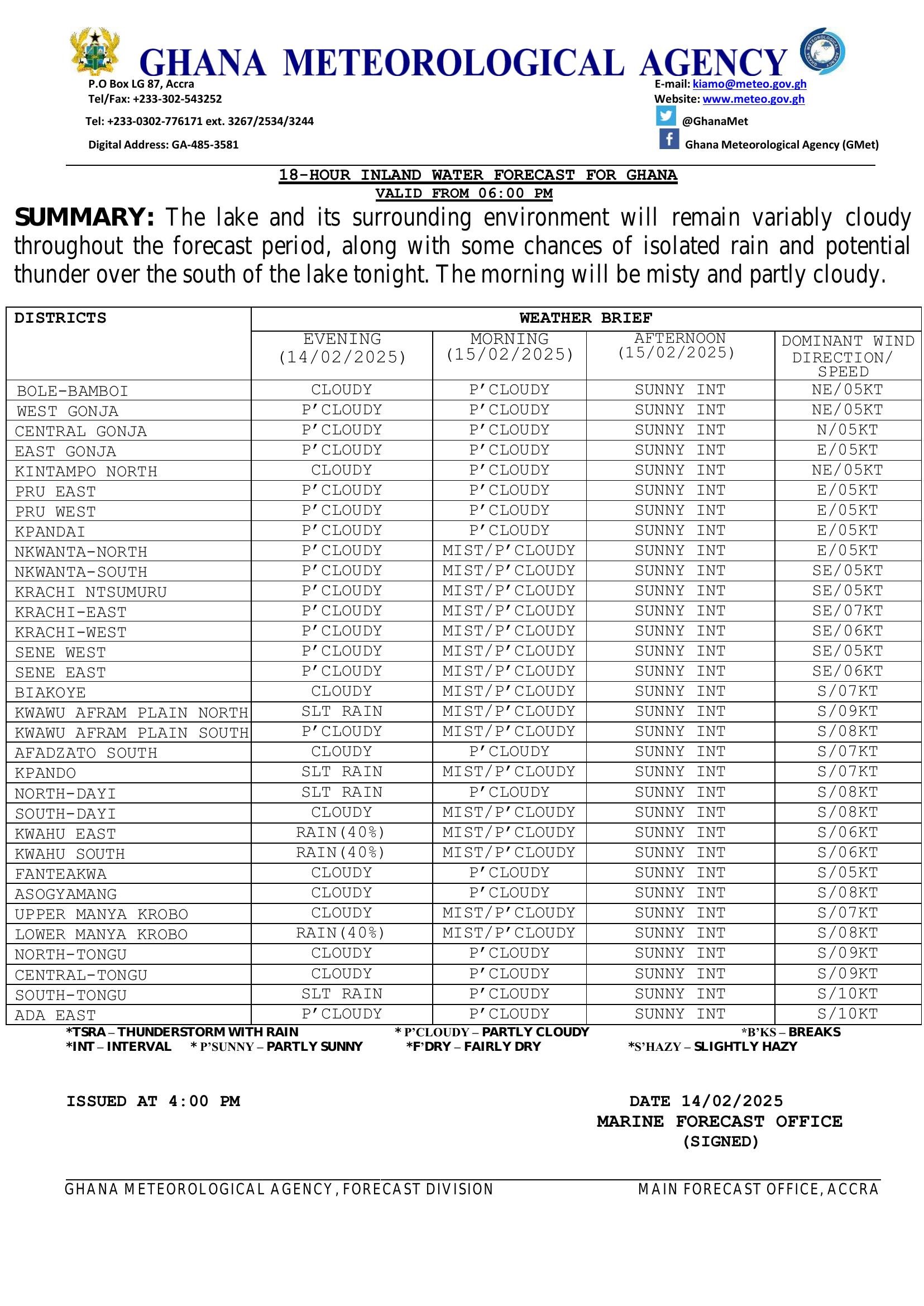 18-Hour Inland Water Evening Weather Forecast 14/02/2025
