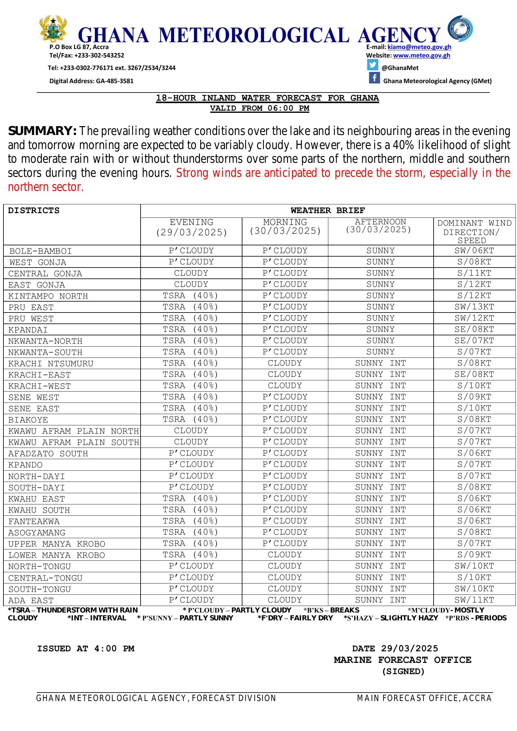 18-Hour Inland Water Evening Weather Forecast 29/03/2025